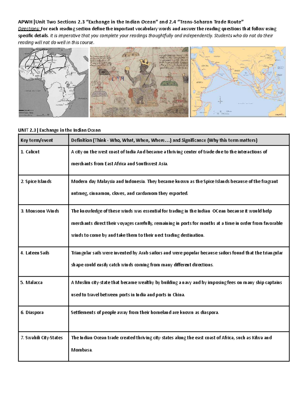 APWH|Unit 2.3-2.6 Reading Guide: Trade and Cultural Exchange in Afro ...