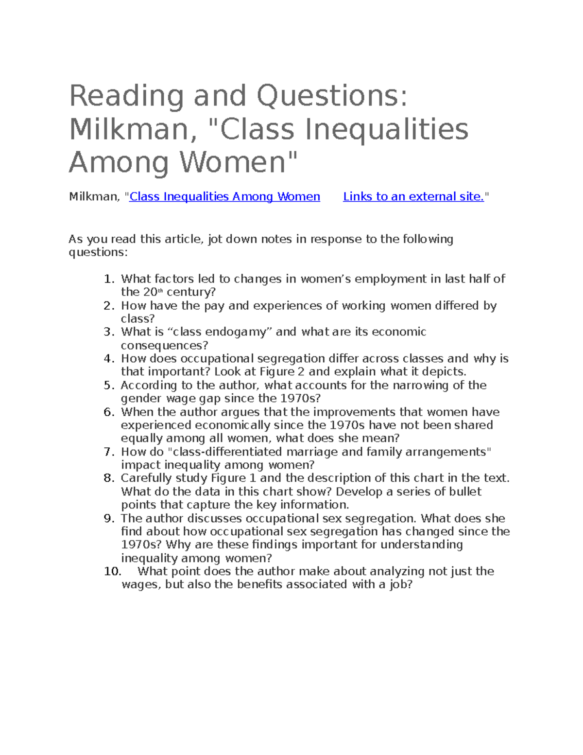 Milkman, Class Inequalities Among Women - Reading and Questions ...