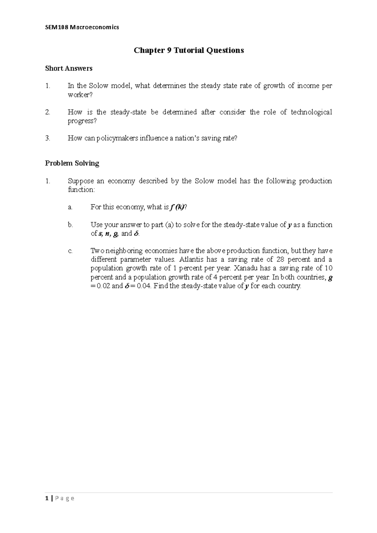 Chapter 9 Macroeconomics Tutorial Questions (SEM108) - Studocu