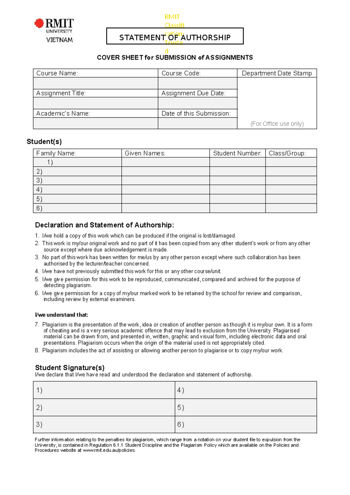 RMIT Statement of Authorship - RMIT Classifi cation: Truste d STATEMENT OF AUTHORSHIP COVER ...