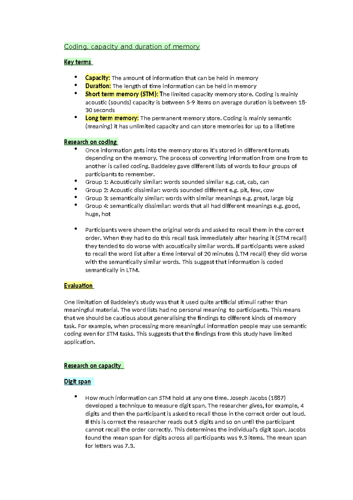 Memory Coding, Capacity & Duration: Study Notes for Psychology 101 ...