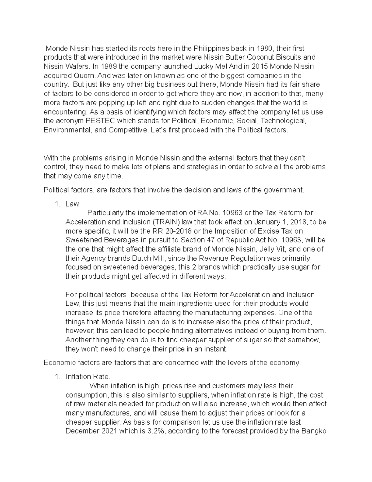 PESTEC Analysis of Monde Nissin's External Factors for 2023 - Studocu