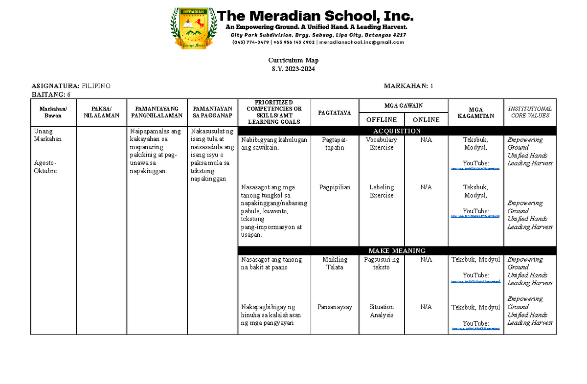 Curriculum Map for FIL 6 - 1st Quarter S.Y. 2023-2024 - Studocu