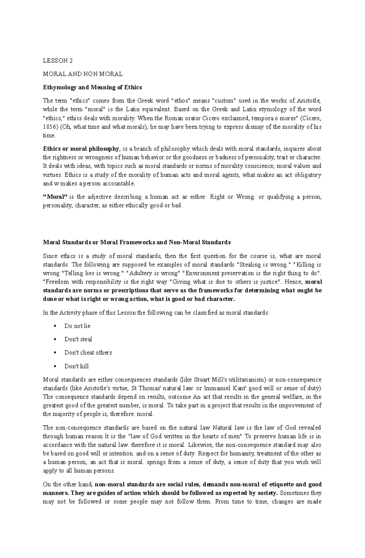 Lesson 2: Understanding Moral and Non-Moral Standards in Ethics - Studocu