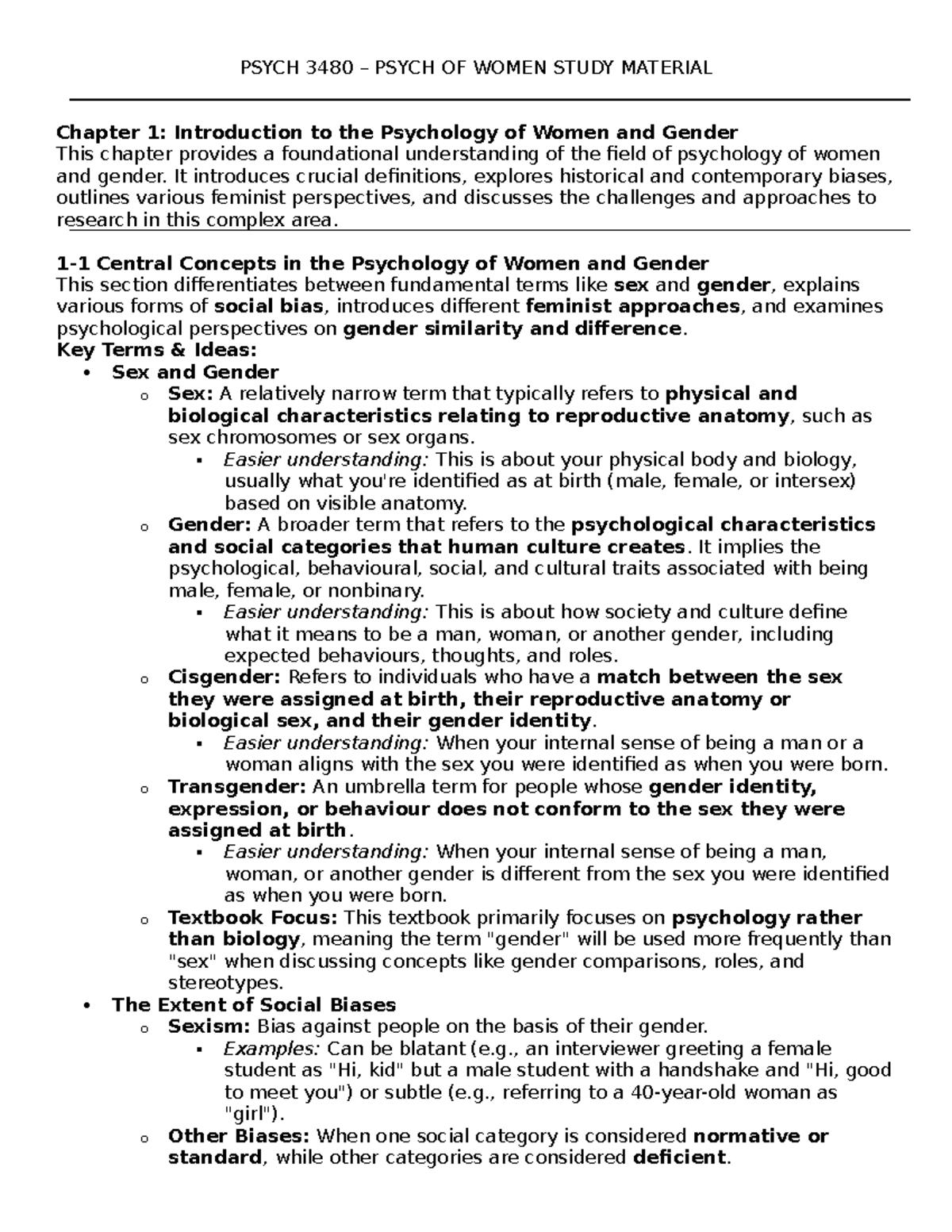 PSYCH 3480: Study Material for Psychology of Women - Chapter 1 Overview ...