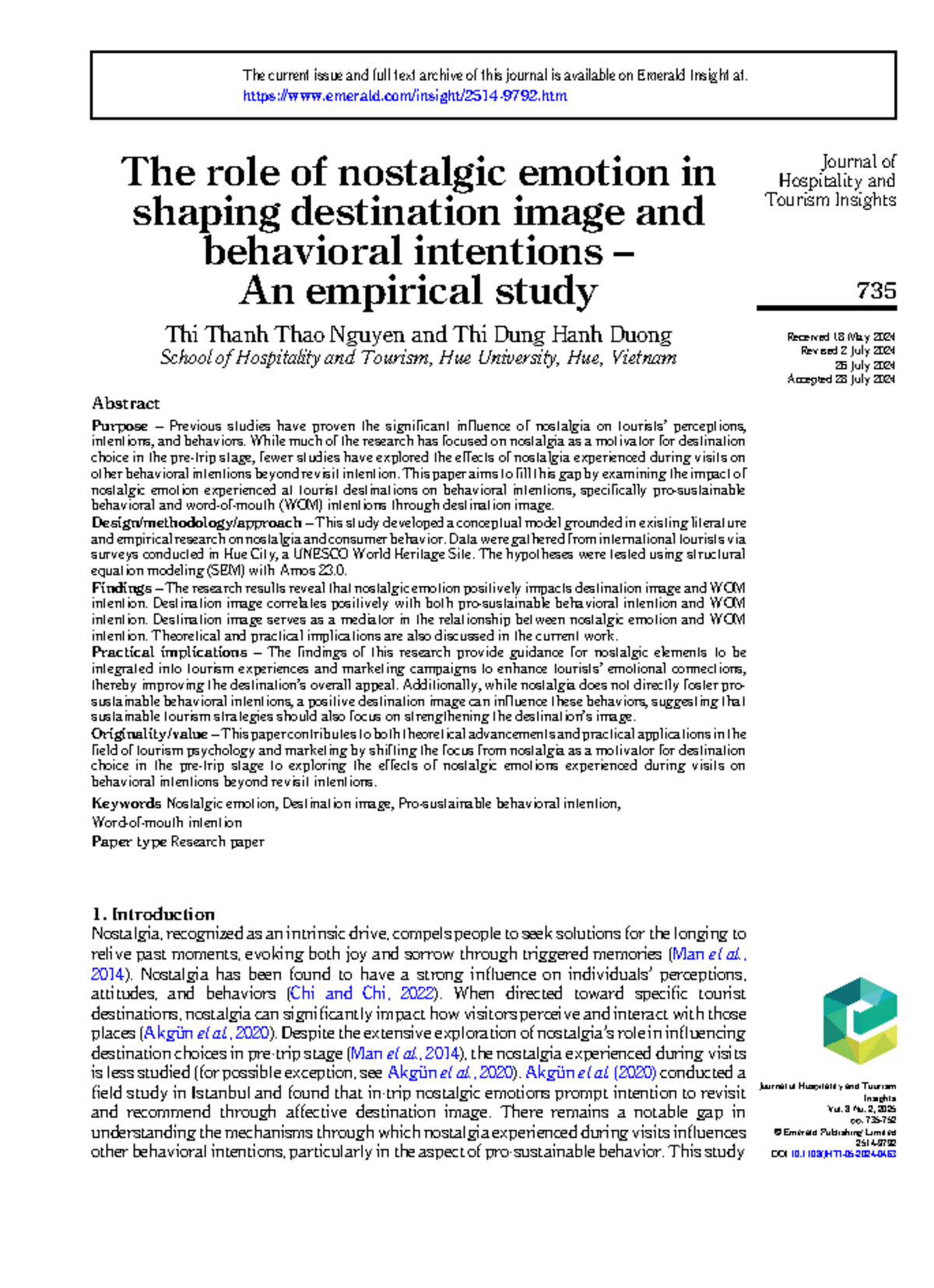 The Role of Nostalgic Emotion in Destination Image & Behavioral ...