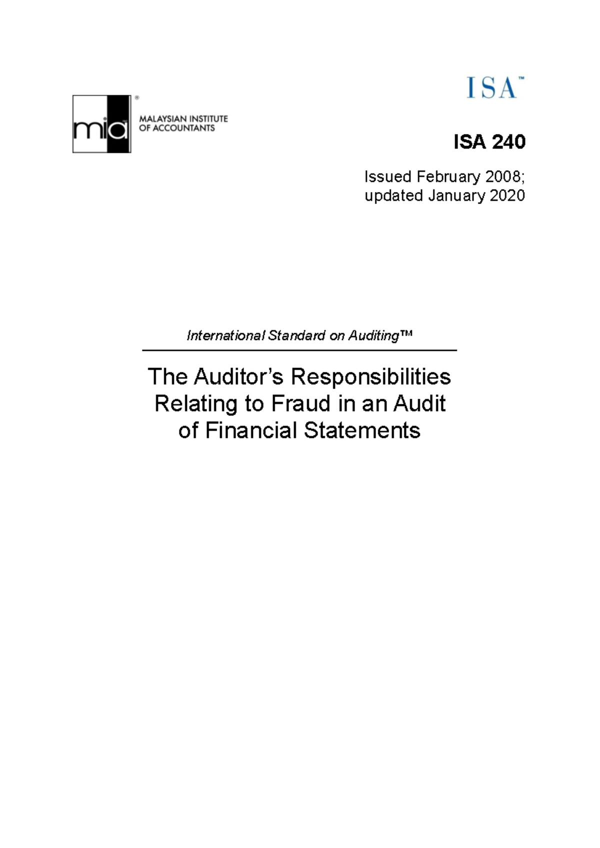 ISA 240: Responsibilities Relating to Fraud in Financial Audits - Studocu
