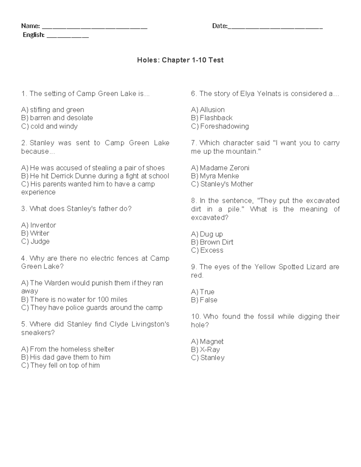 Holes- Chapter 1-10 Test - Name: ______________________________ Date