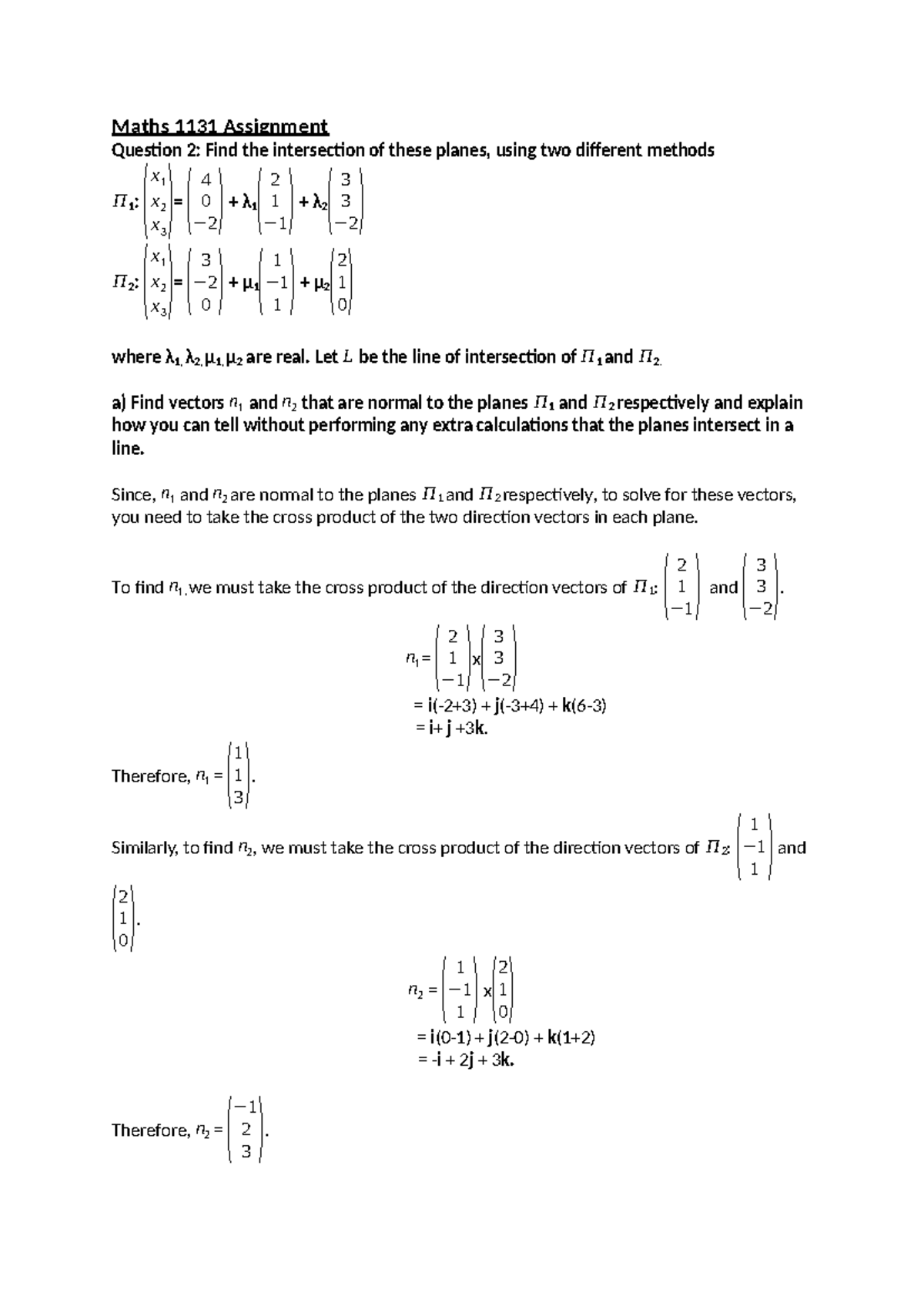 Maths 1131 Assignment: Intersection of Planes and Error Estimation ...
