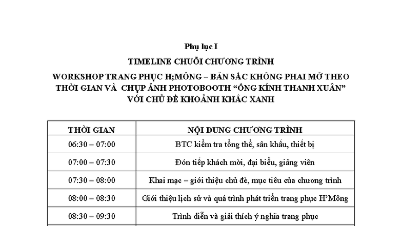 Phụ lục I: Timeline Workshop Trang Phục Bản Sắc 2023 - Studocu