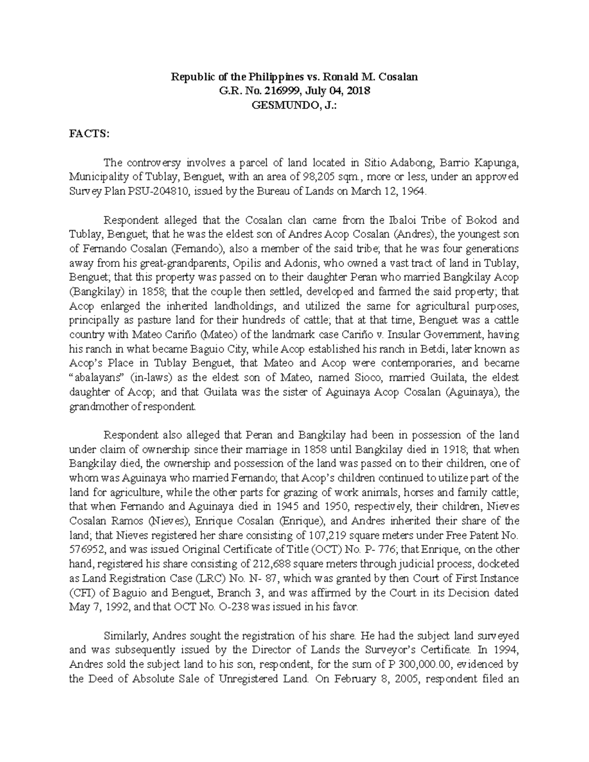 Republic v. Cosalan: Case Digest on Ancestral Land Registration - Studocu