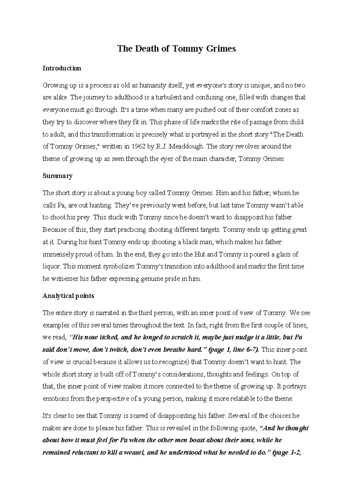 Essay - the death of tommy grimes - The Death of Tommy Grimes ...