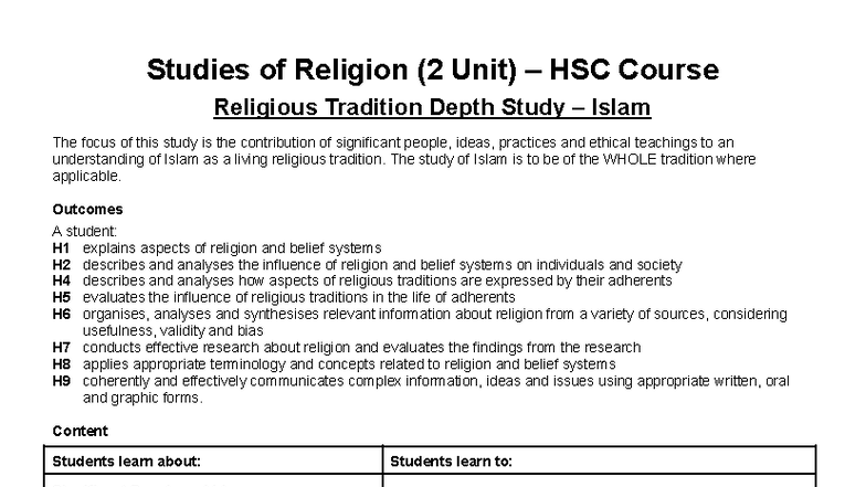 [Template] Syllabus Outline - Islam (2 Unit) - Studies of Religion (2 ...