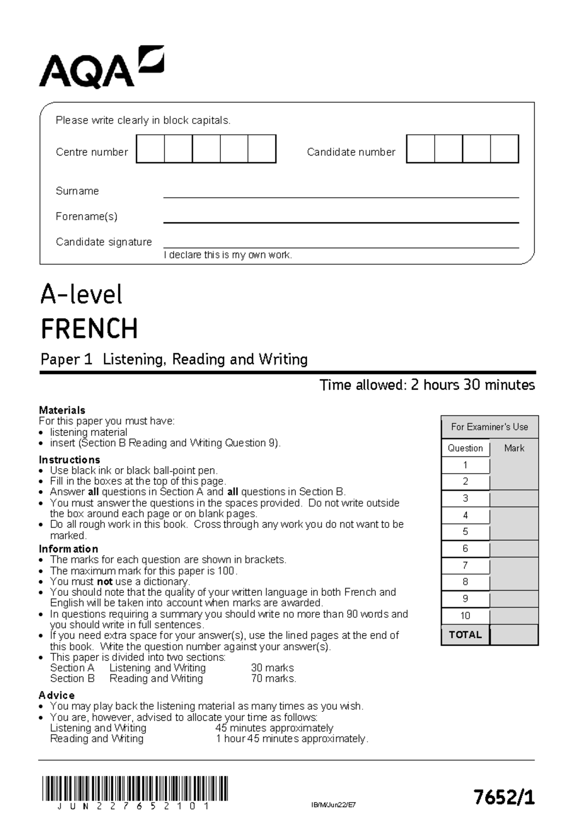 AQA A-Level French Paper 1 Listening, Reading & Writing 2022 Exam - Studocu