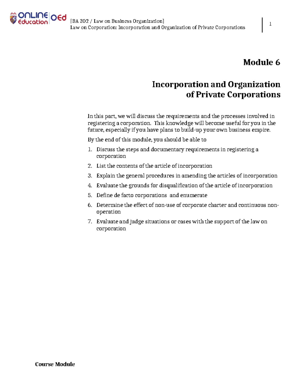 302 Law on Business: Incorporation & Organization of Private ...