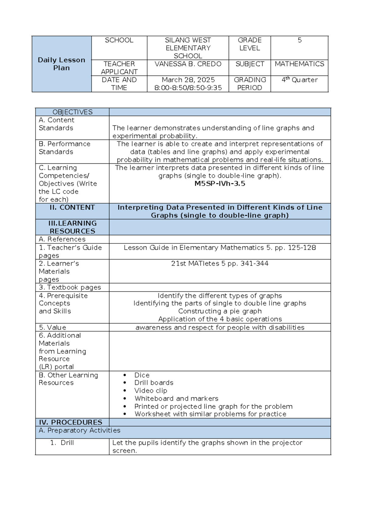 MAT 5 Daily Lesson Plan: Interpreting Line Graphs and Probability - Studocu