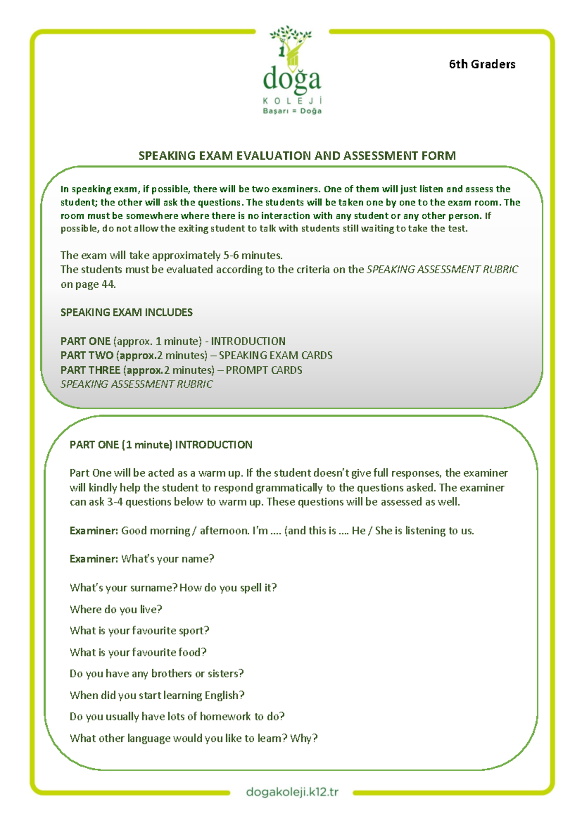6th Graders Speaking Exam Evaluation & Assessment Form - Studocu