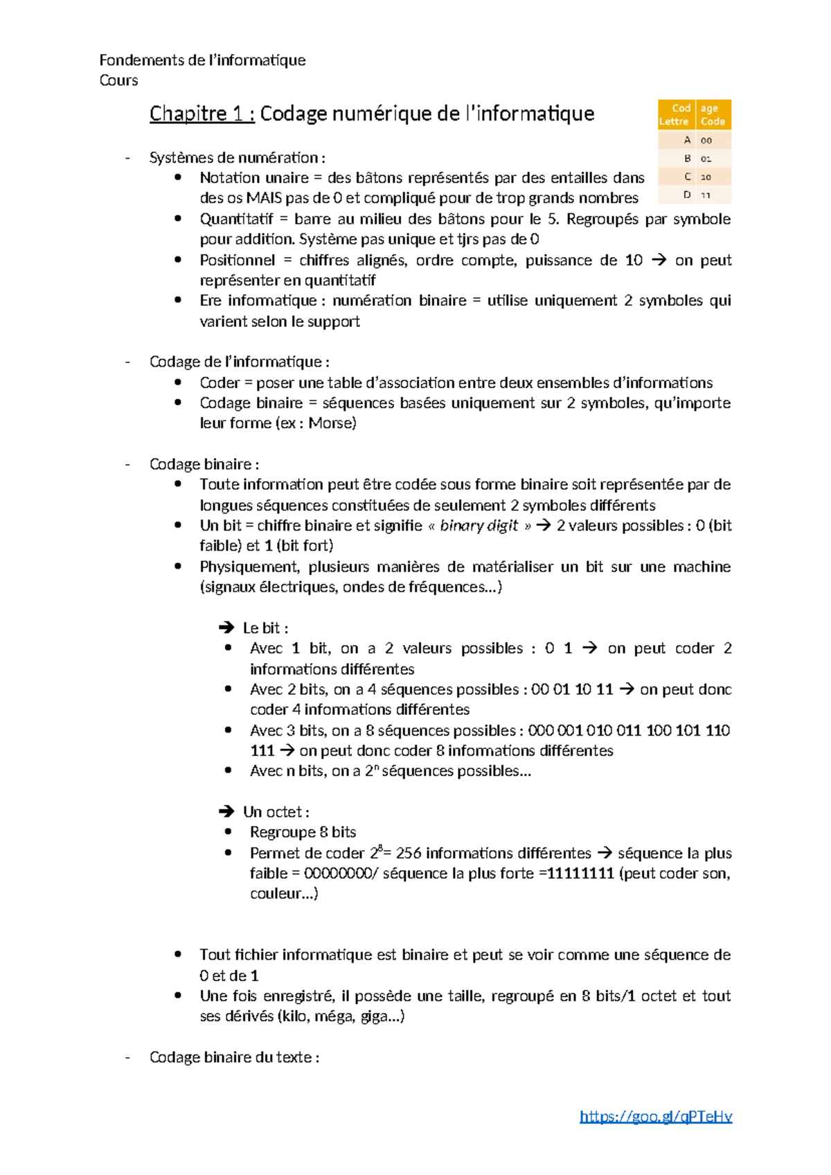 Codage - CH1 - cours S1 - Cours Chapitre 1 : Codage numérique de l ...