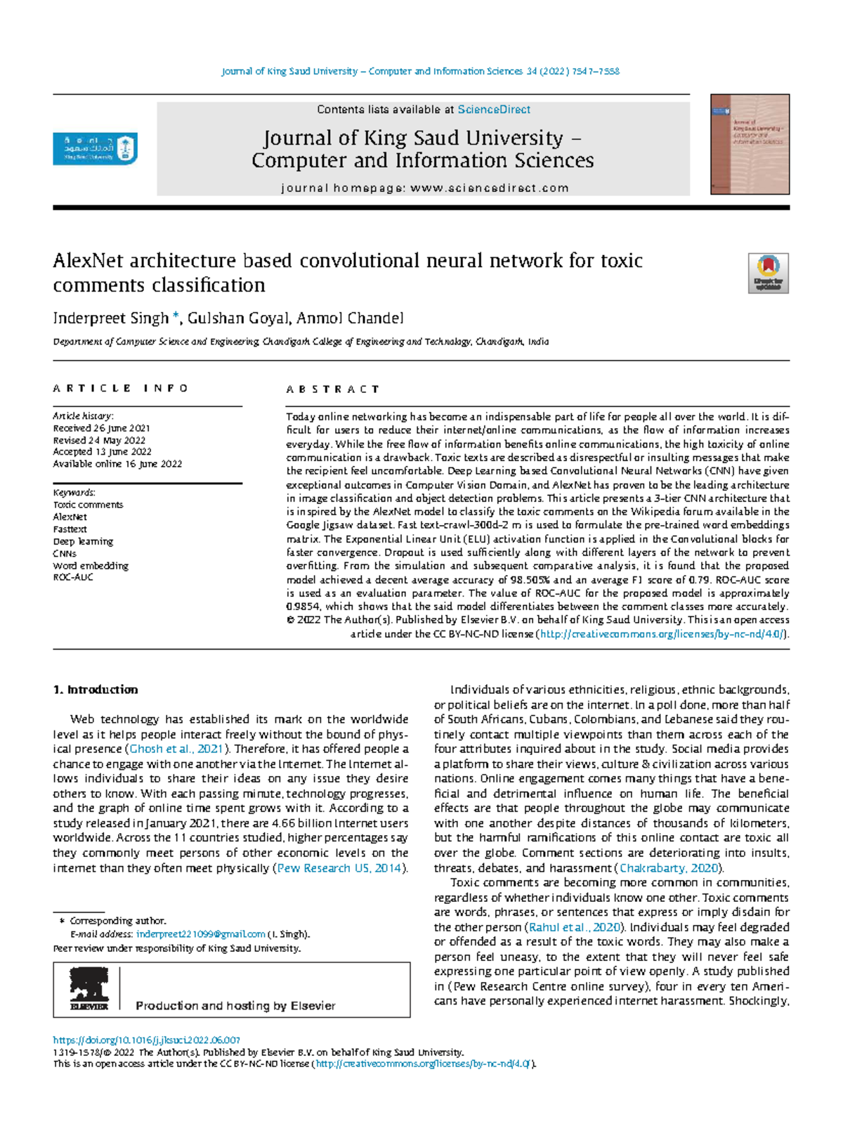 AlexNet CNN for Toxic Comment Classification in Jigsaw Dataset - Studocu