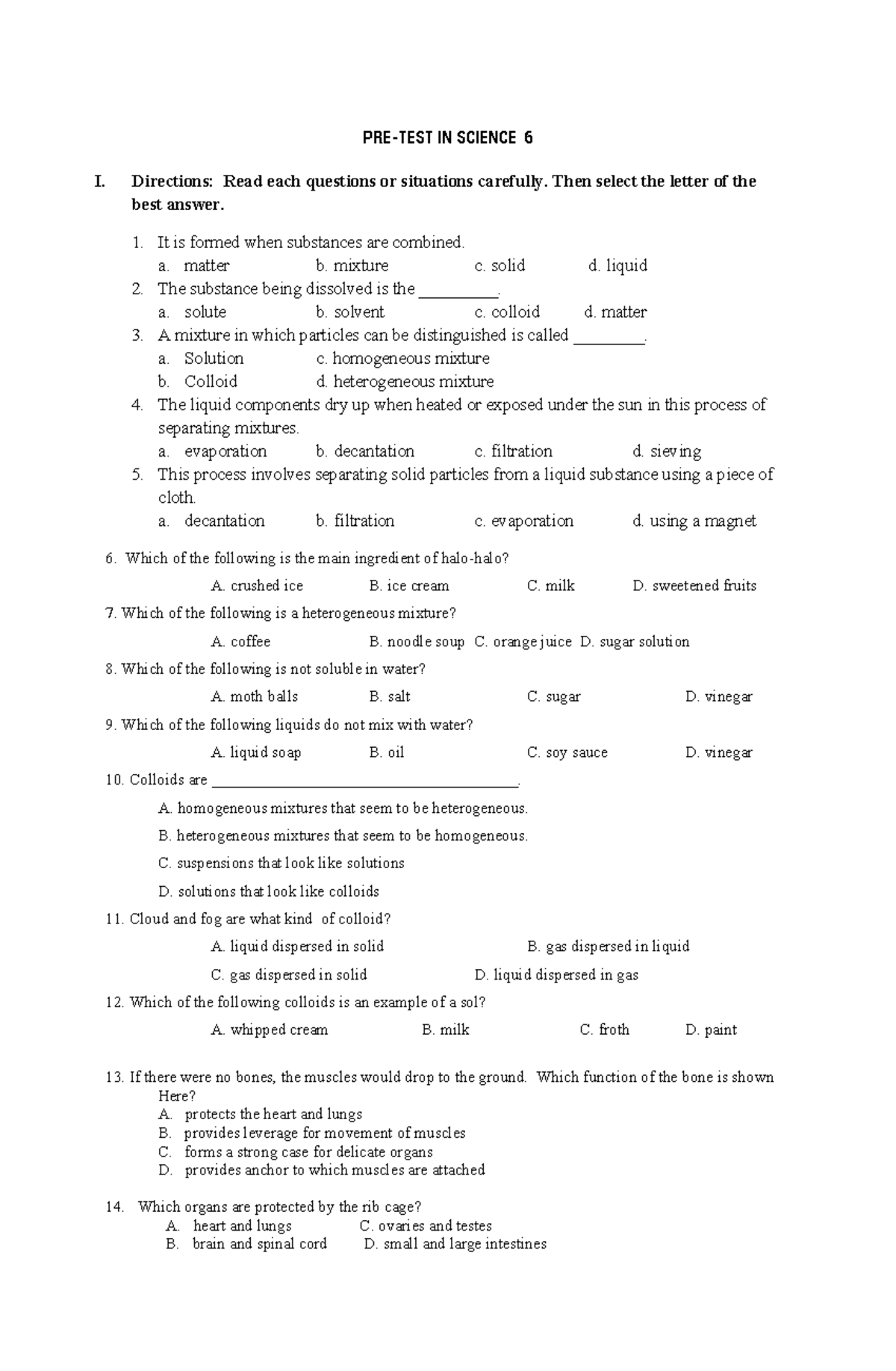 Diagnostic Pre-Test in Science 6: Concepts and Applications - Studocu