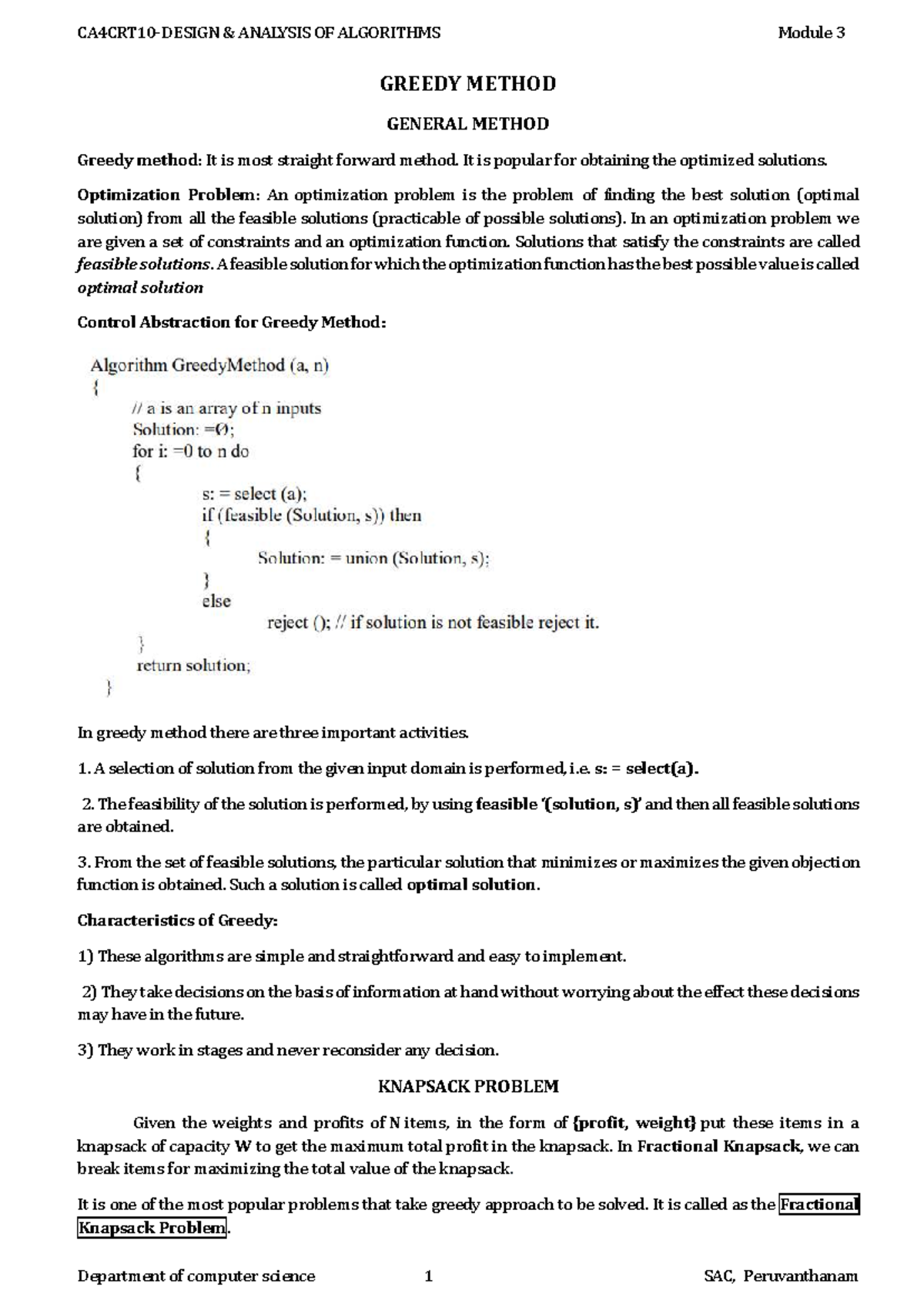 ANALYSIS OF ALGORITHMS Module 3: Greedy Method & Knapsack Problem - Studocu