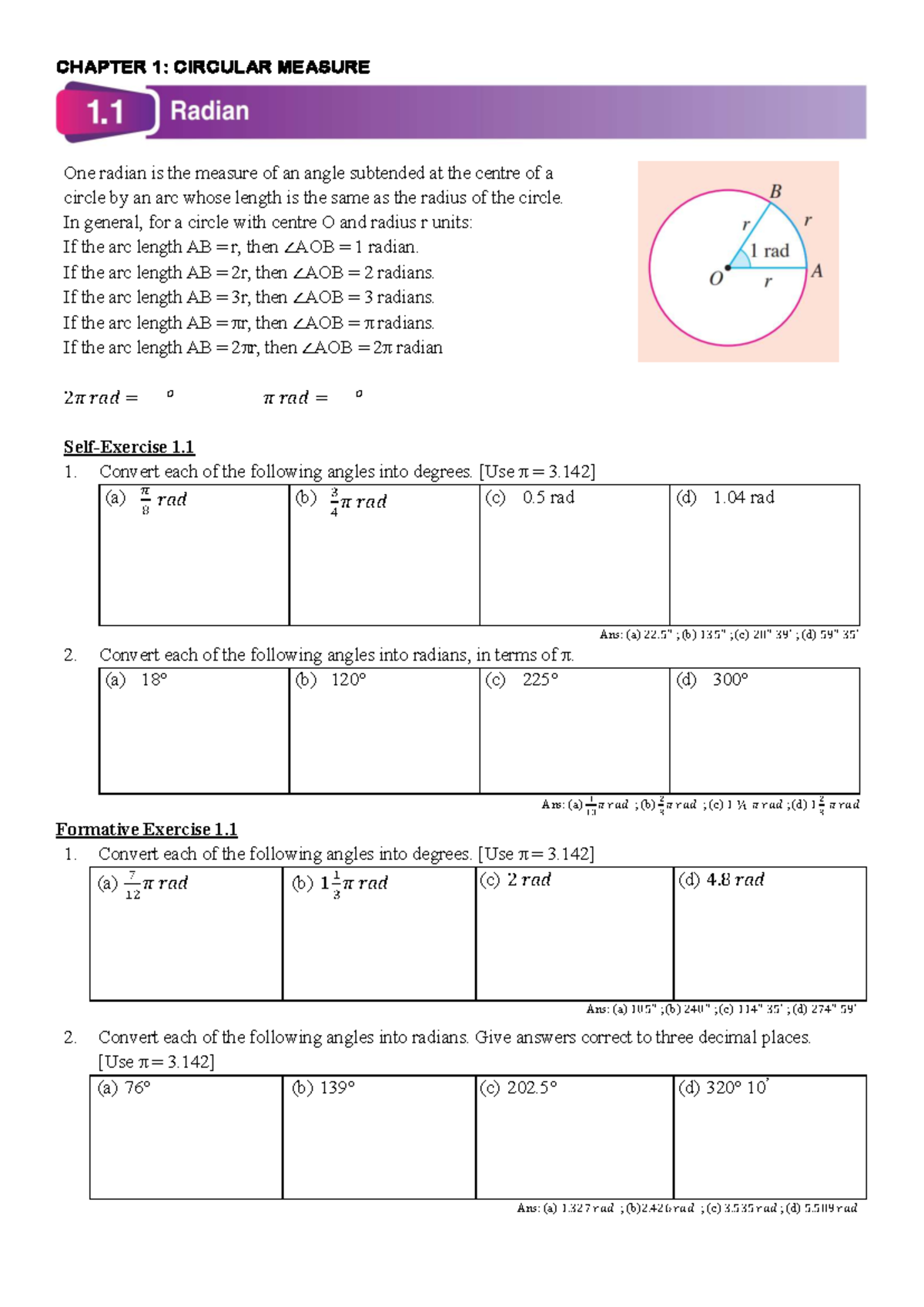 CHAPTER 1: CIRCULAR MEASURE - Understanding Radians and Degrees - Studocu