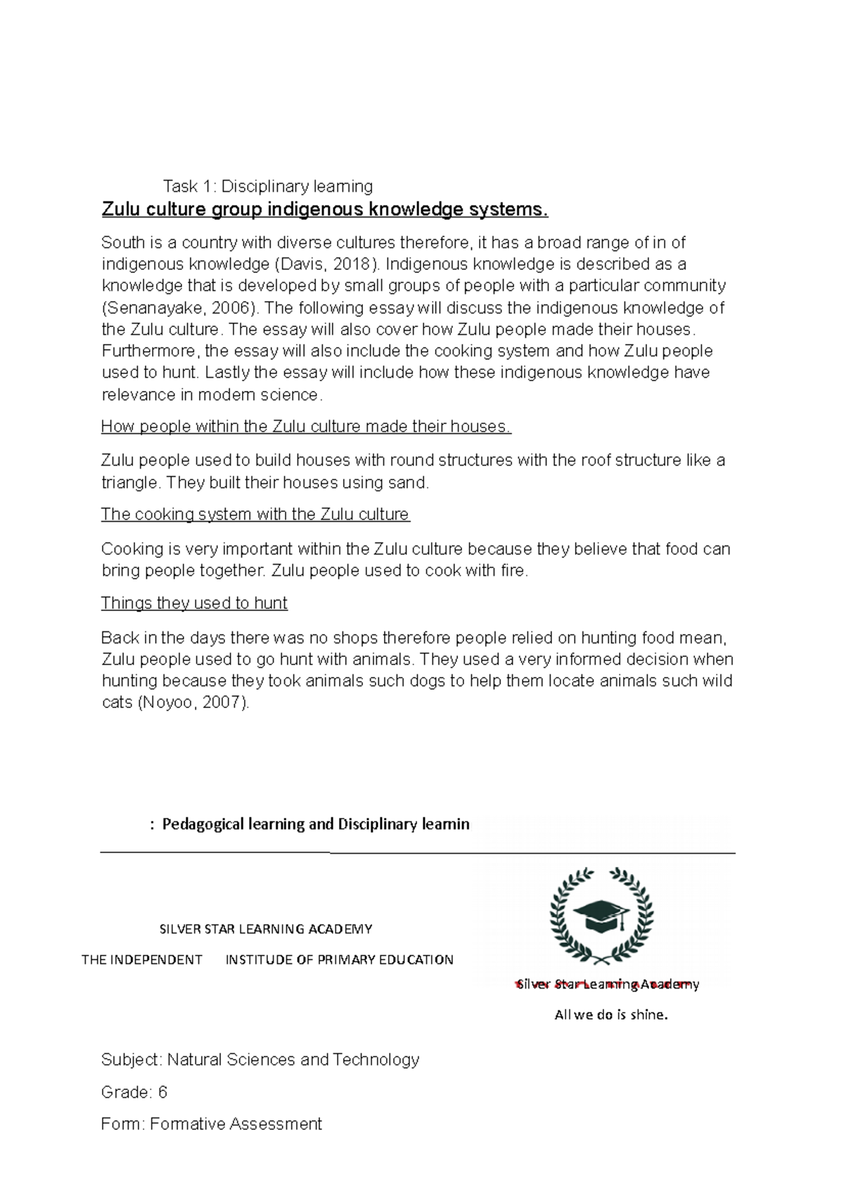 TNST6321 POE - A portfolio - Task 1: Disciplinary learning Zulu culture ...