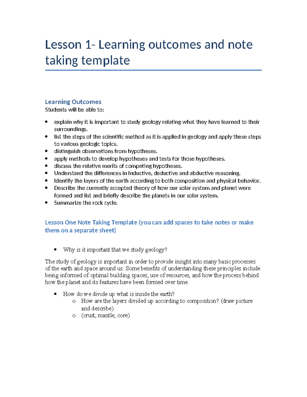 Geology 101: Lesson 1 Learning Outcomes & Note-Taking Guide - Studocu