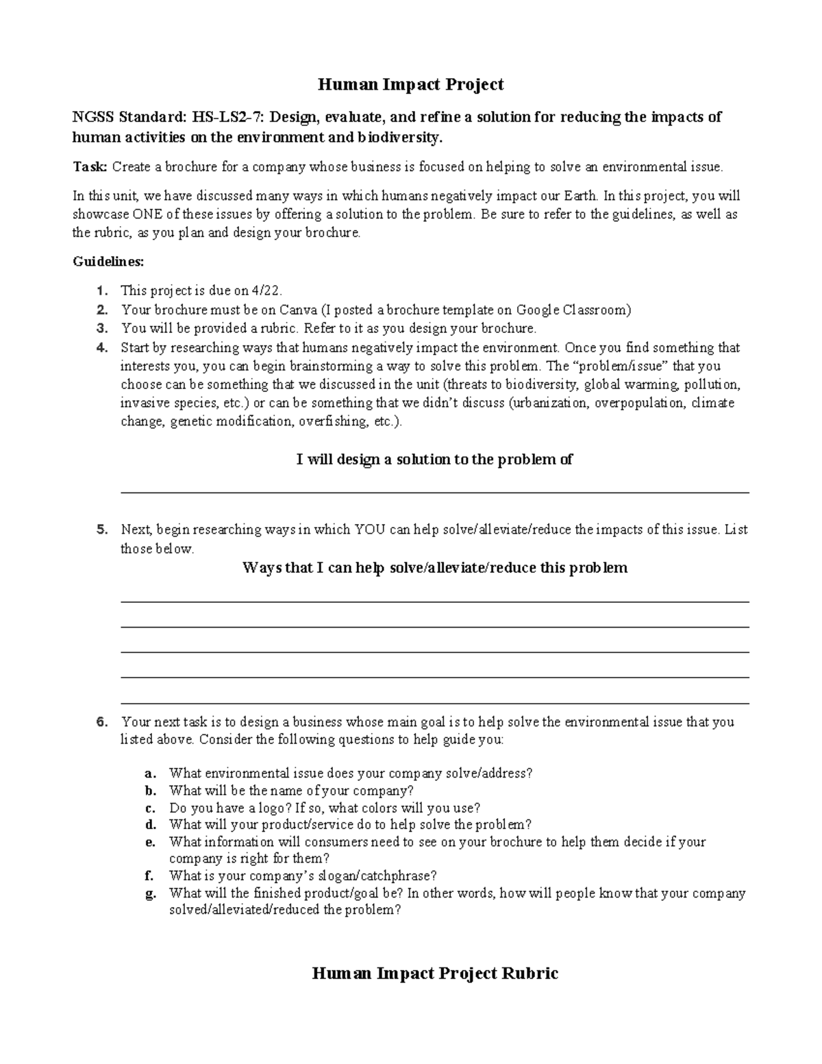 Human Impact Project Brochure Guidelines & Rubric (HS-LS2-7) - Studocu