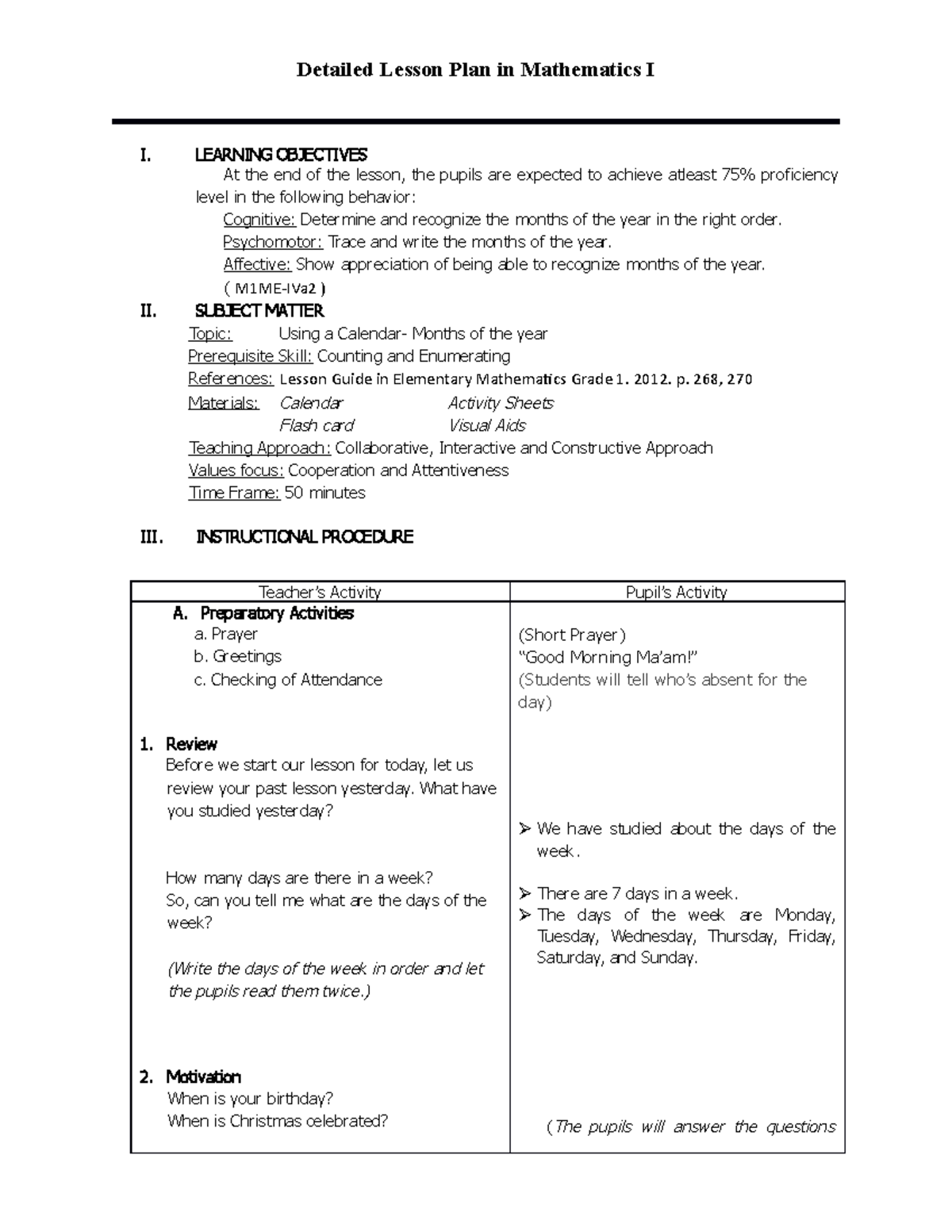 Mathematics I Detailed Lesson Plan: Months of the Year (M1ME-IVa2 ...