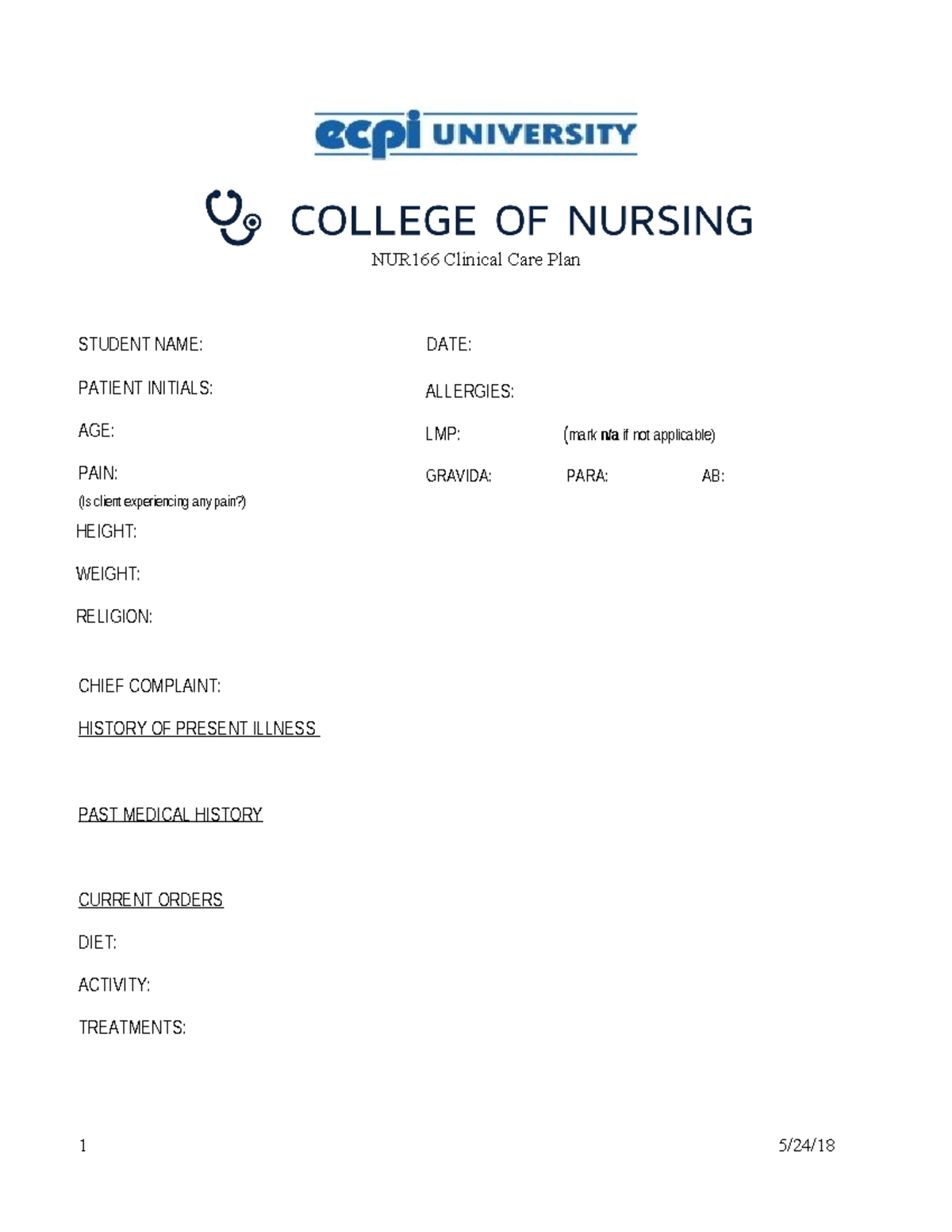 NUR166 Clinical Care Plan Template - Comprehensive Guide - Studocu