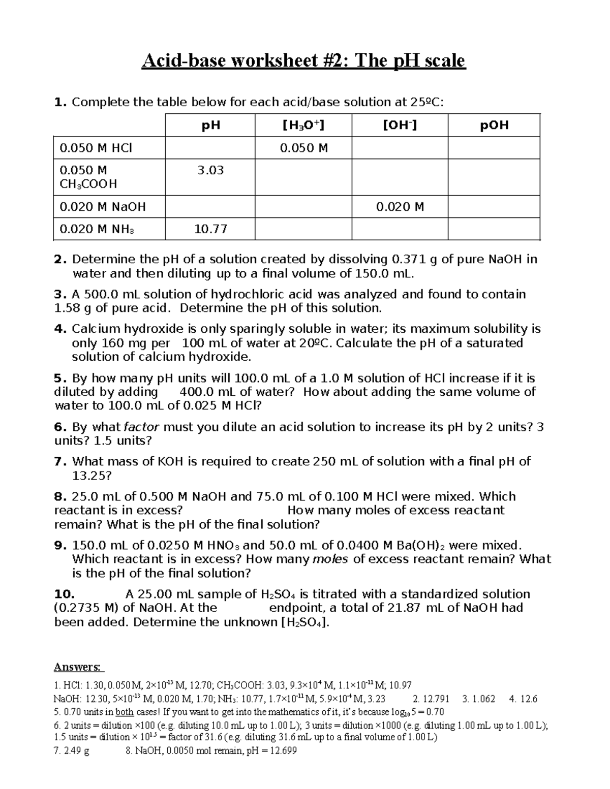 Acid-base worksheet 2 the p H scale - Complete the table below for each ...