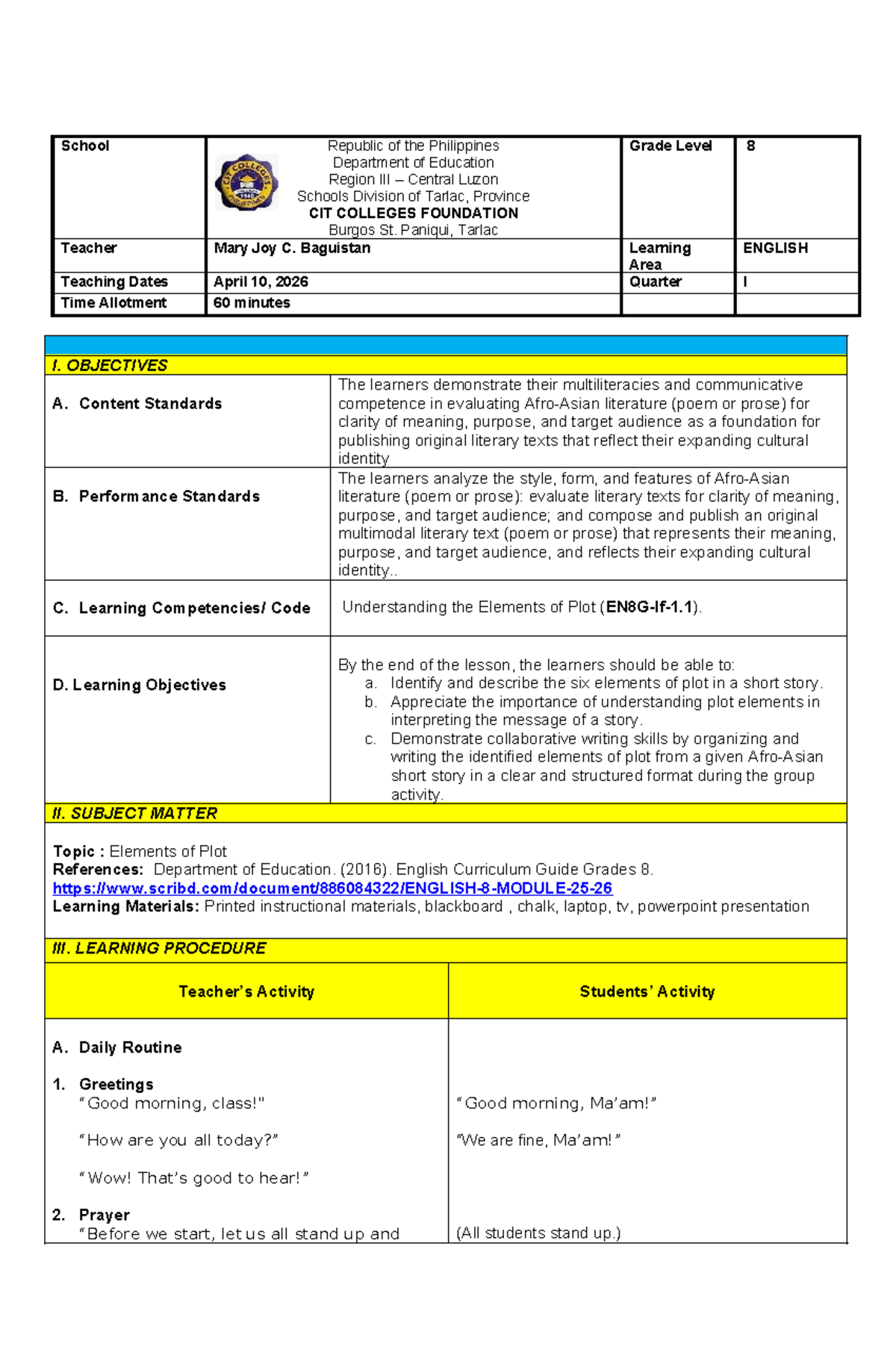 Detailed Lesson Plan on Elements of Plot for Grade 8 English (DLF 2026 ...