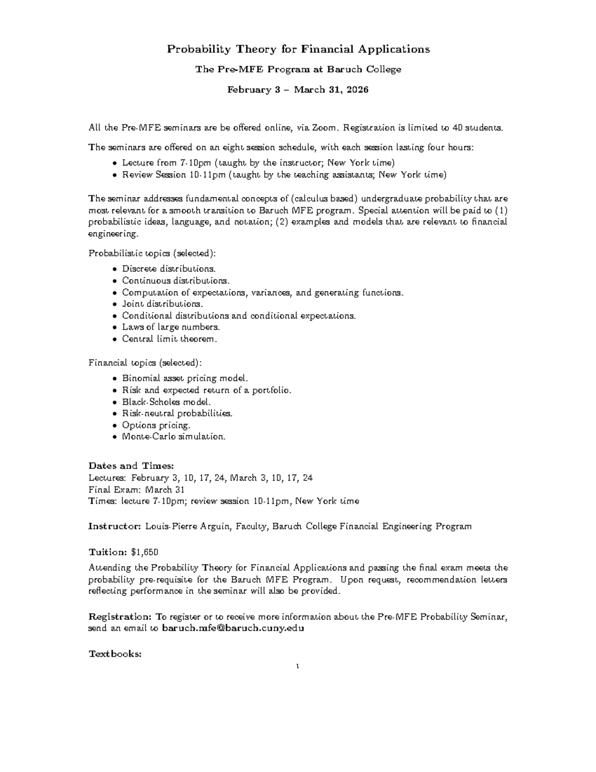 Probability Theory for Financial Applications: Pre-MFE Syllabus (Feb ...