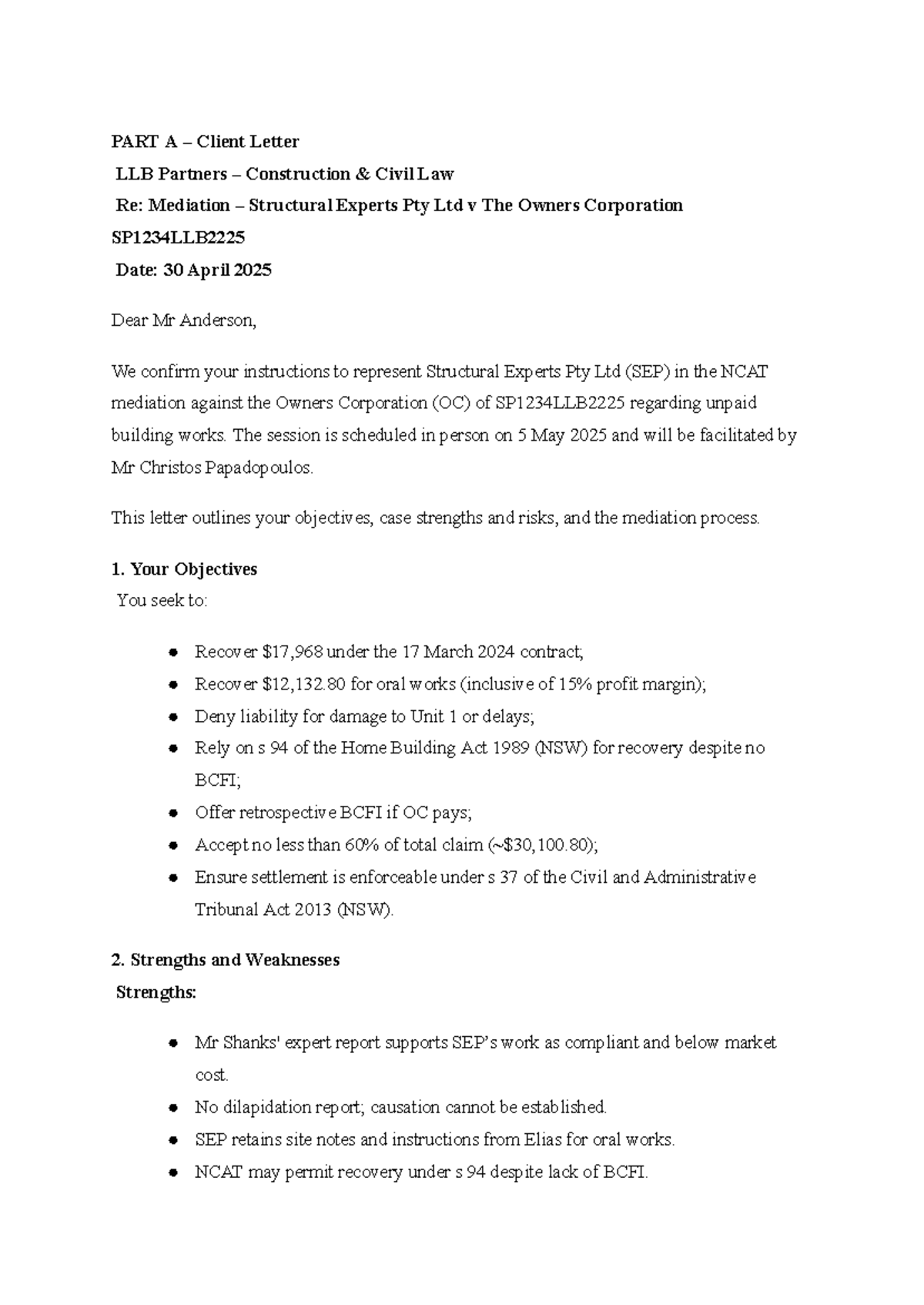Final Advanced Legal Skills: Mediation Client Letter LLB Partners - Studocu