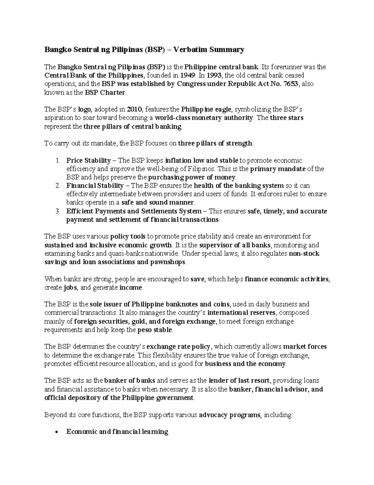 BSP Verbatim Summary: Understanding the Bangko Sentral ng Pilipinas ...