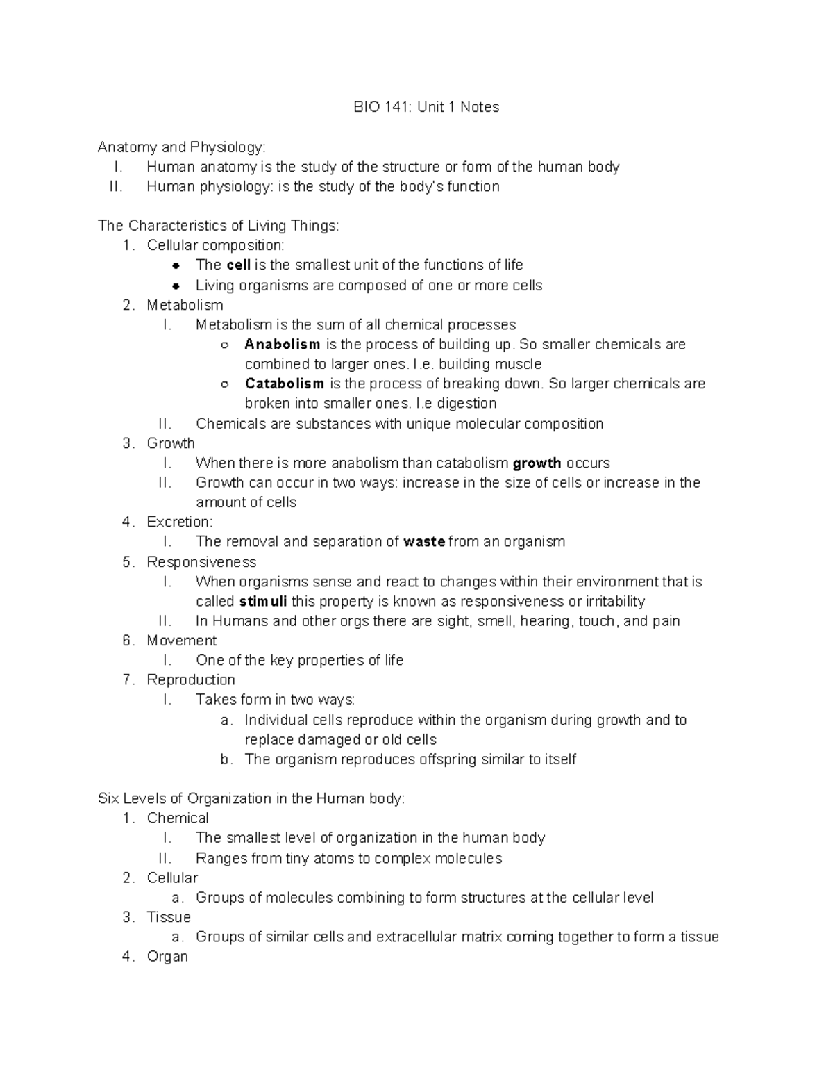 BIO 141 Unit 1: Intro to Anatomy & Physiology Notes Summary - Studocu