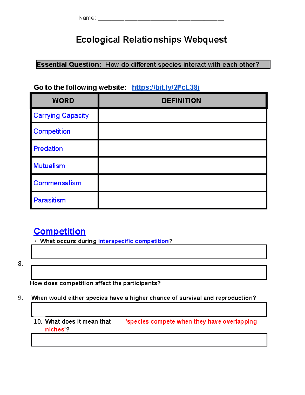 Ecological Relationships Web Quest - Interactions & Impact on Species ...