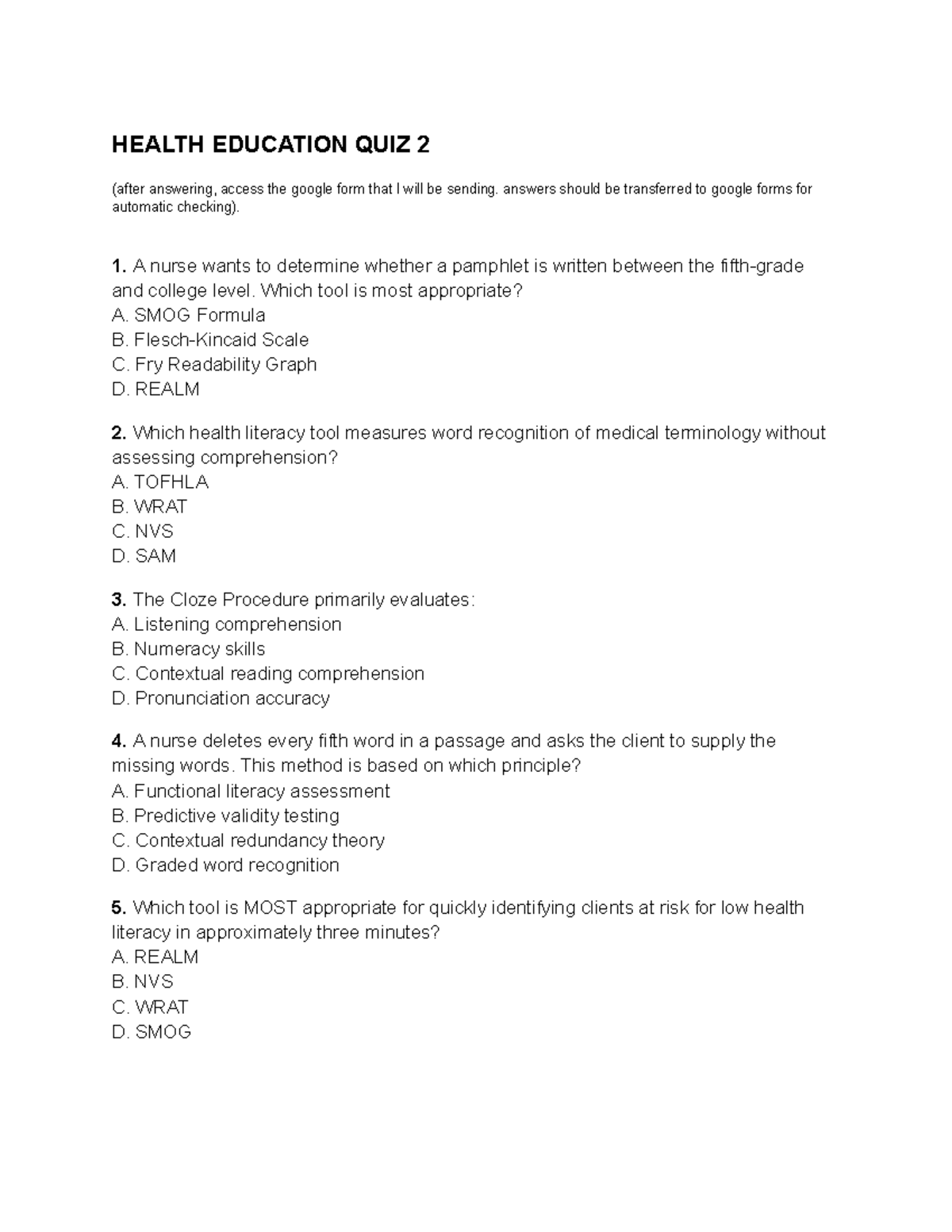 Health Education Quiz 2: Assessing Health Literacy Tools and Strategies ...