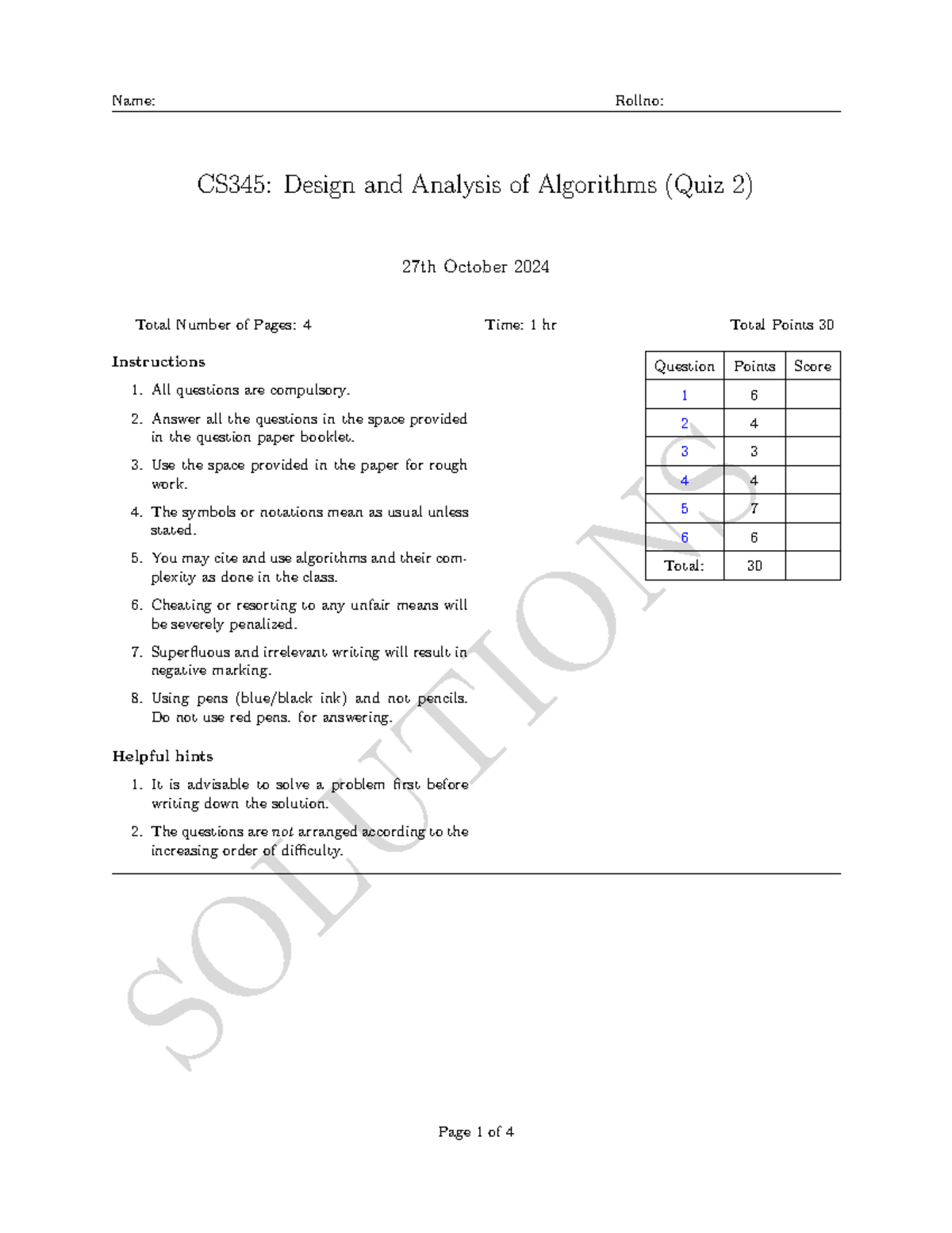 CS345: Design and Analysis of Algorithms - Quiz 2 - Studocu
