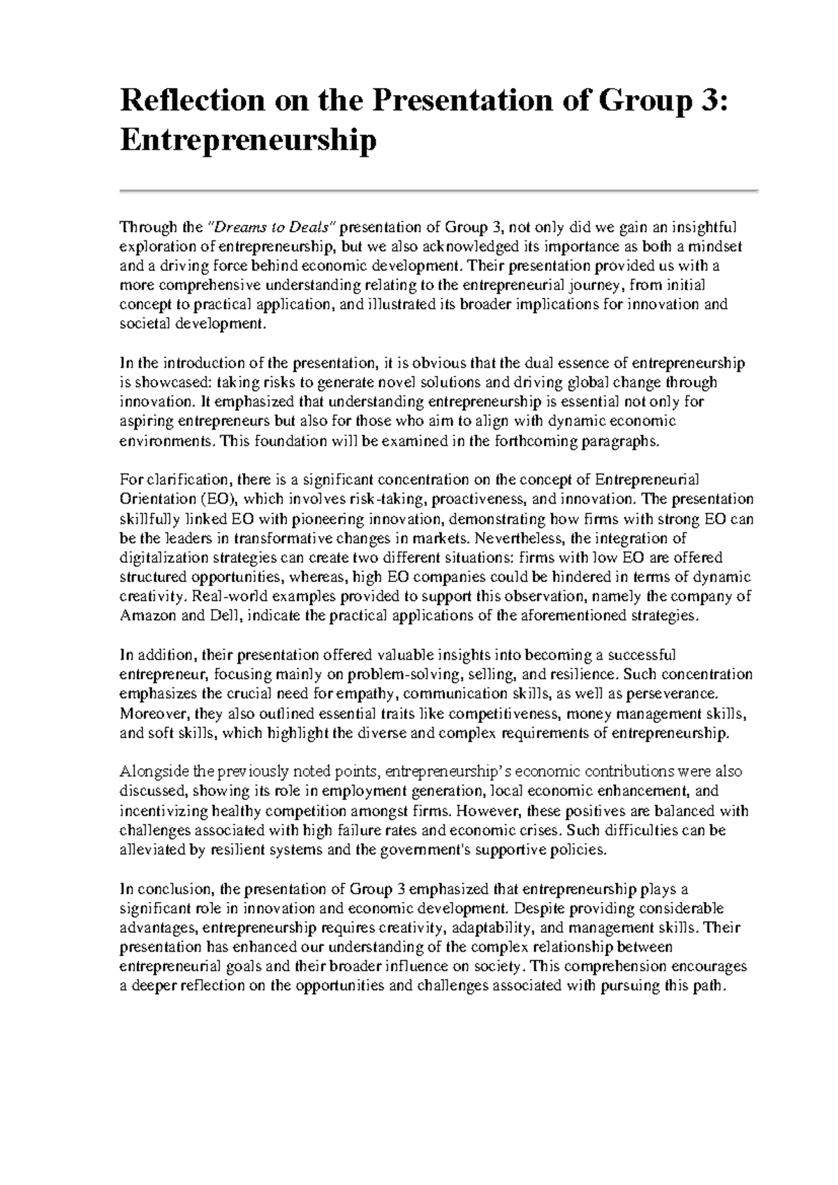Reflection on Group 3's Presentation on Entrepreneurship Insights - Studocu