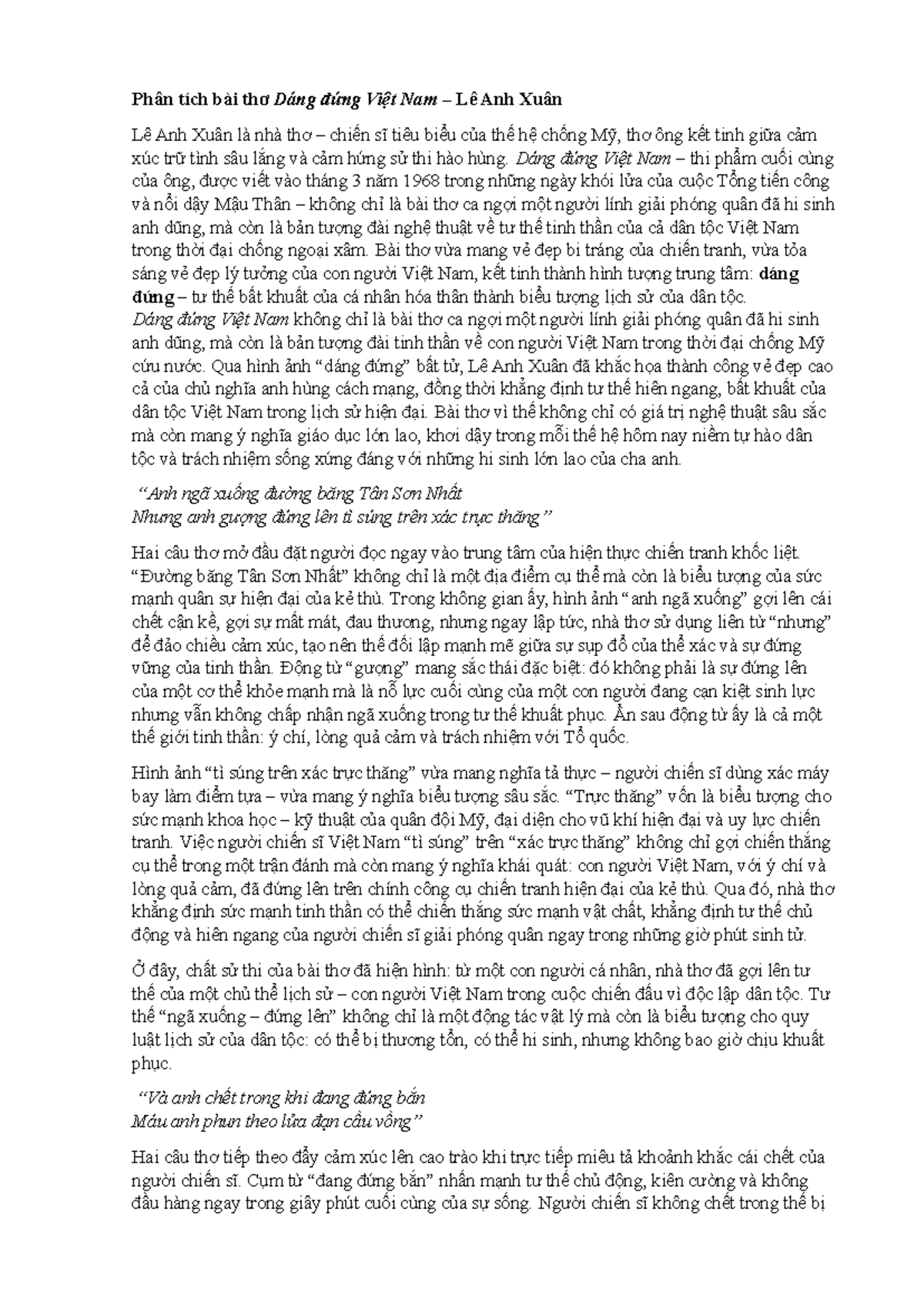 Phân Tích Bài Thơ Dáng Đứng Việt Nam - Lê Anh Xuân - Studocu