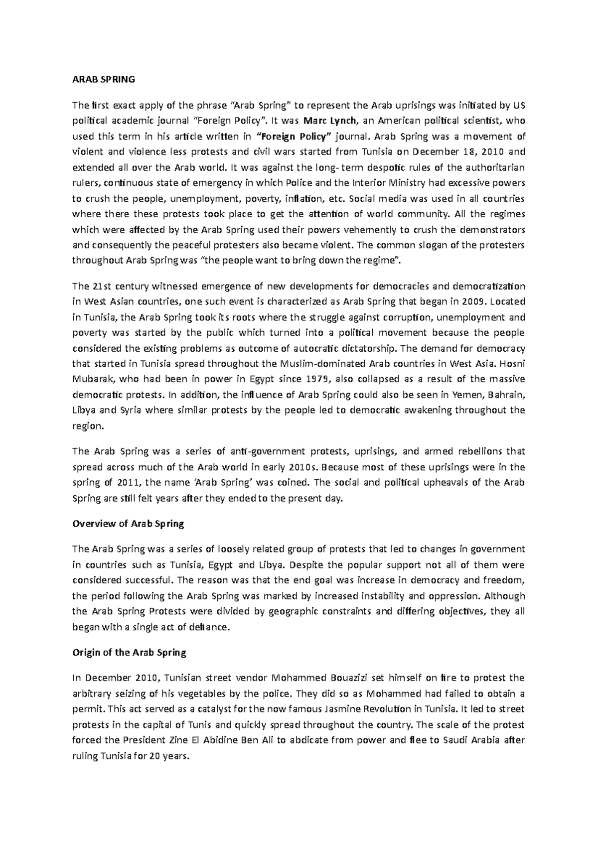 ARAB Spring - Lecture notes in a simple language and easy to understand ...