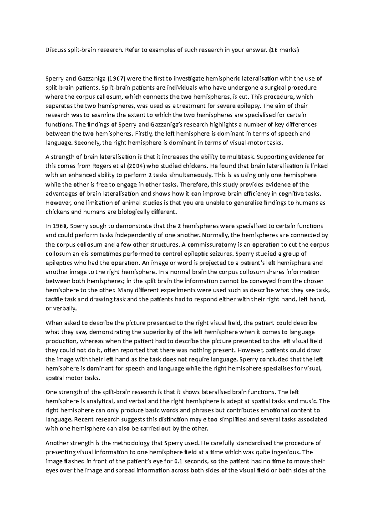 PSY 304 Split-Brain Research: Insights from Sperry & Gazzaniga's ...