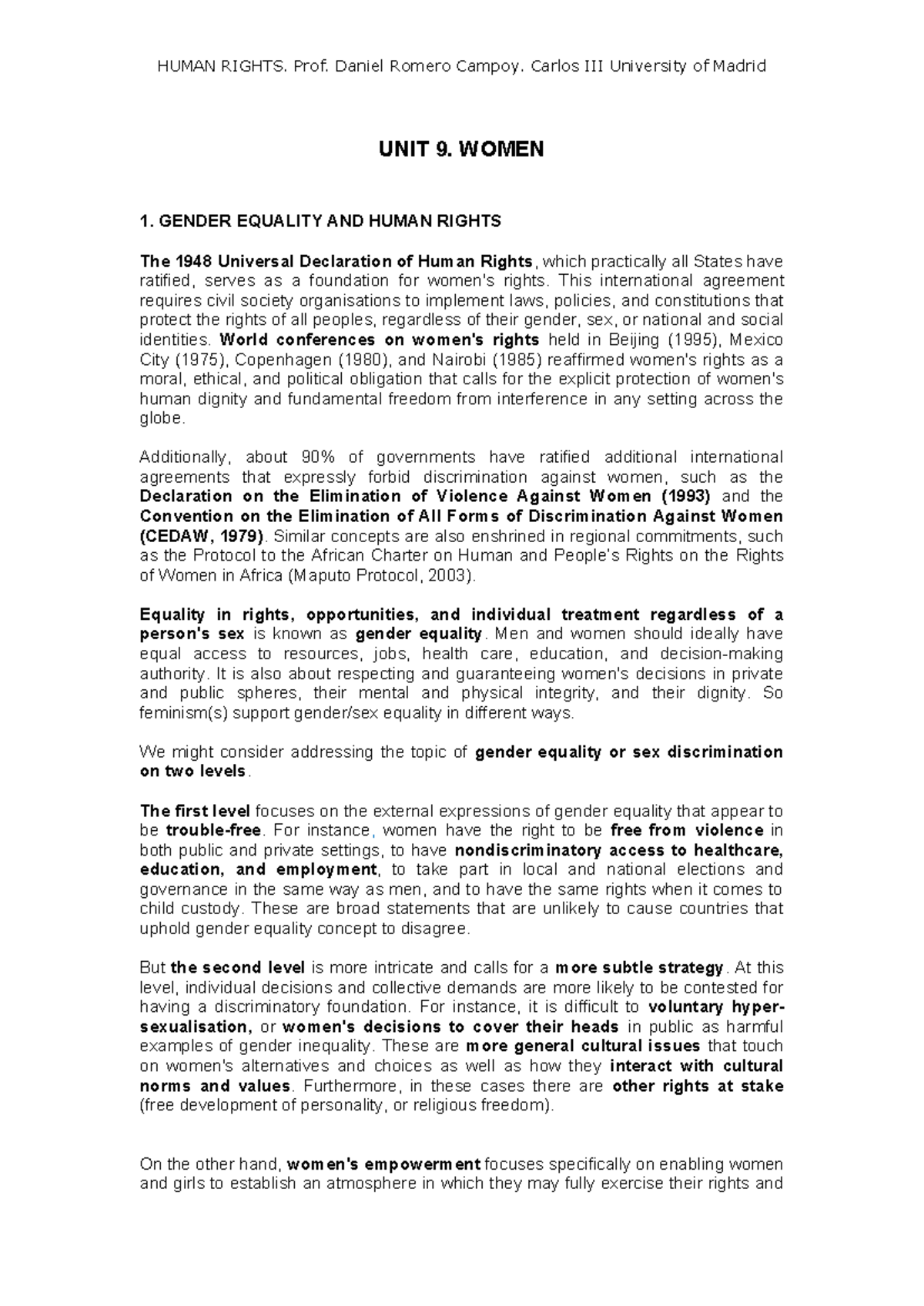 Unit 9: Women - Gender Equality & Human Rights Notes - Studocu