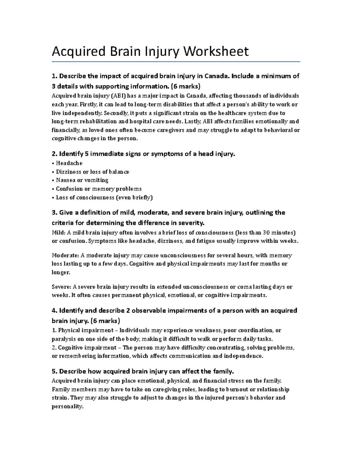 Acquired Brain Injury Impact & Symptoms Worksheet (ABI 101) - Studocu