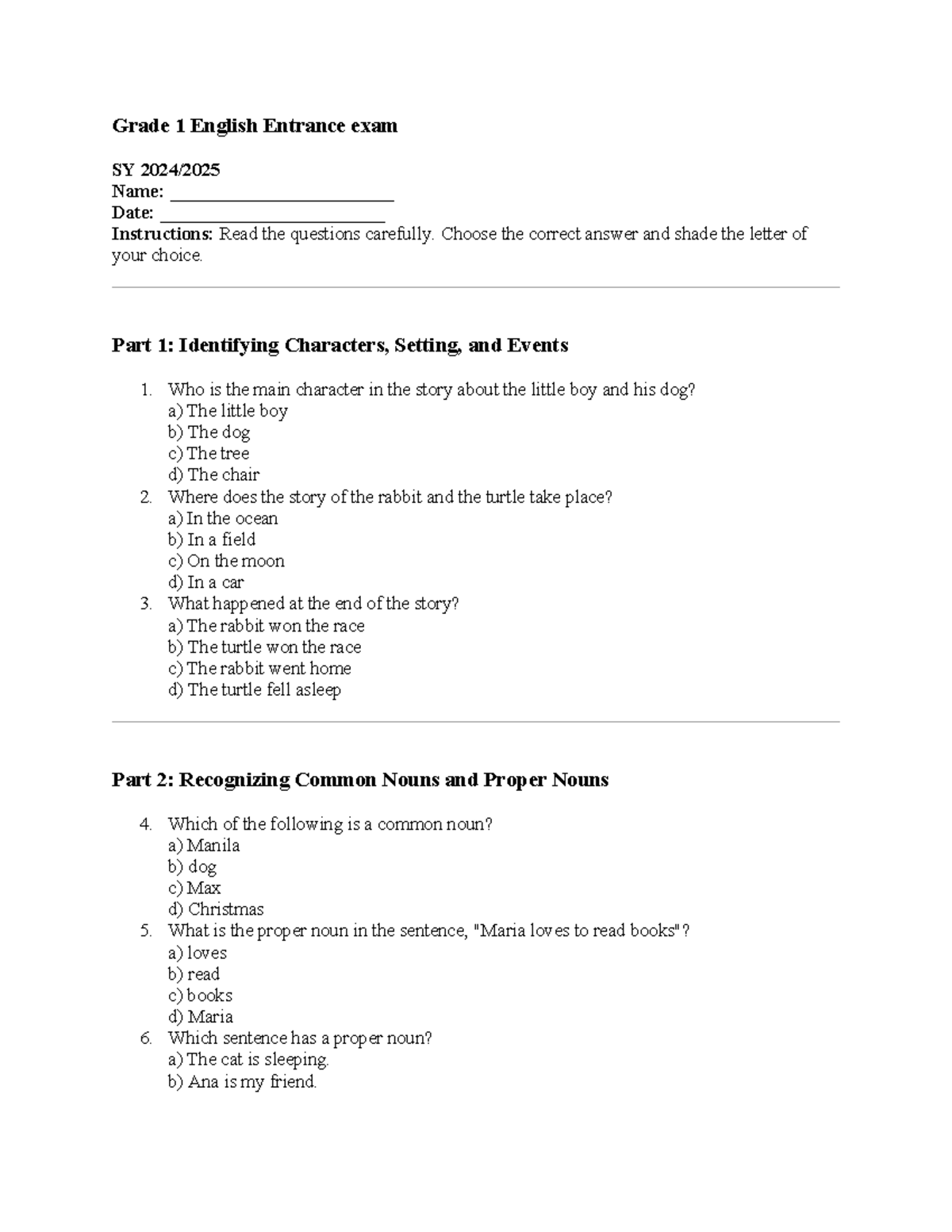 Grade 1 English Entrance Exam S.Y. 2024 - Practice Questions and Answer ...