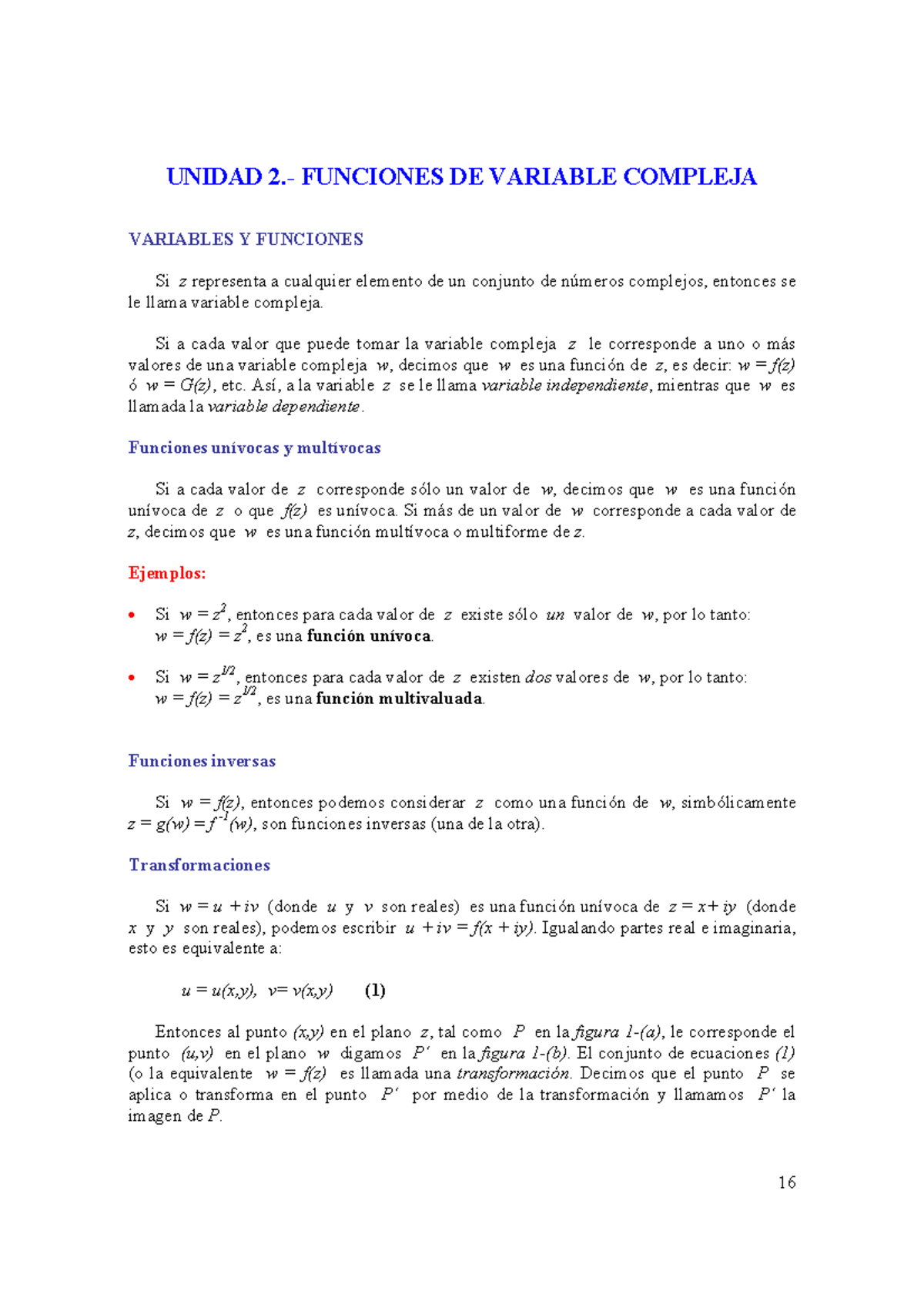 Funciones de variable compleja - UNIDAD 2.- FUNCIONES DE VARIABLE ...