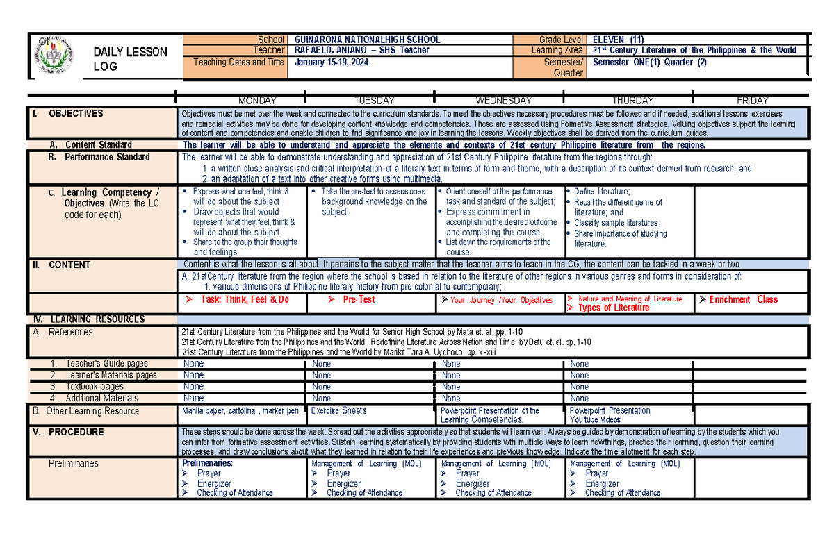 DAILY LESSON LOG: 21st Century Literature (Grade 11) - 2nd Quarter ...