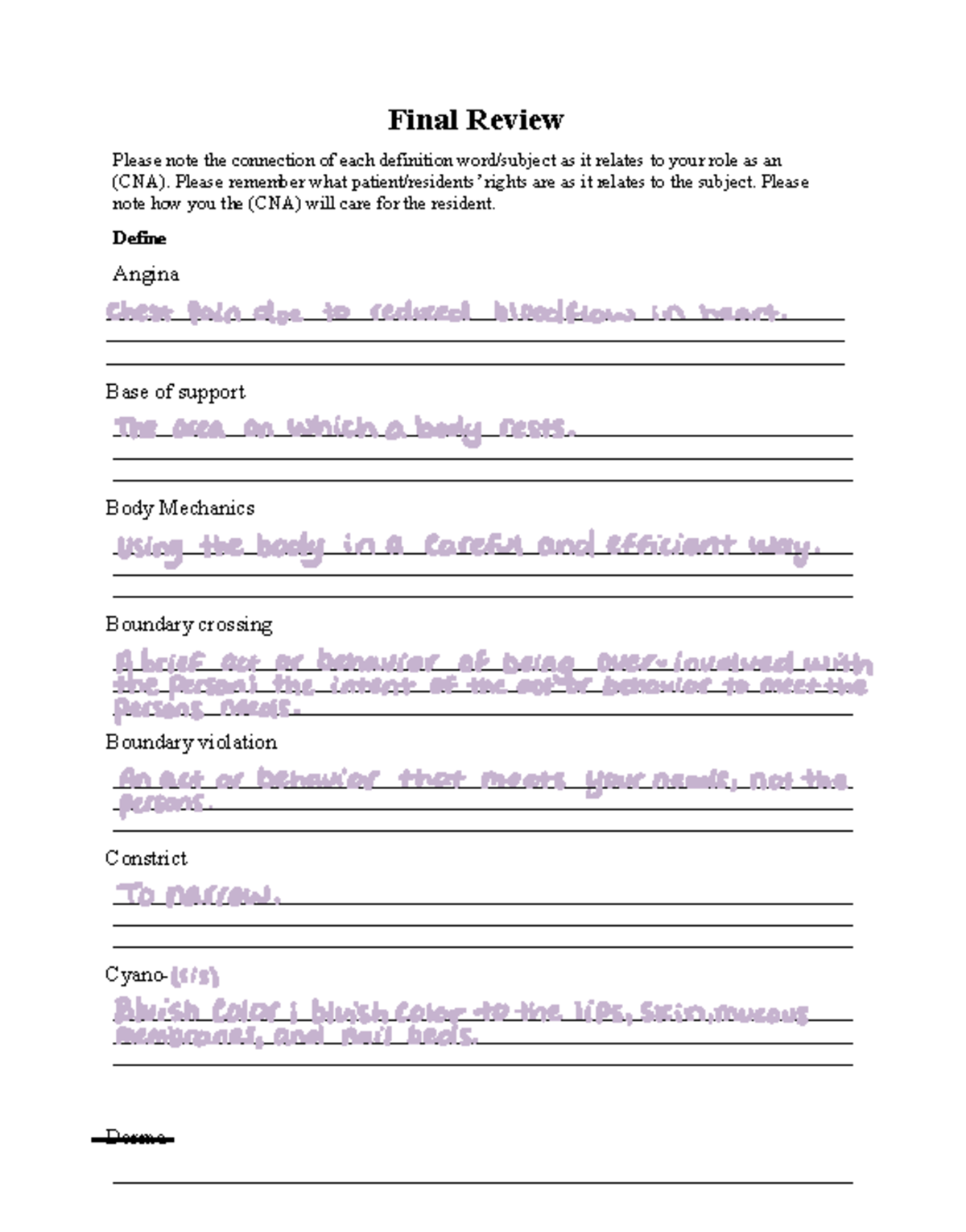 Final Worksheet - Final Review Please note the connection of each ...